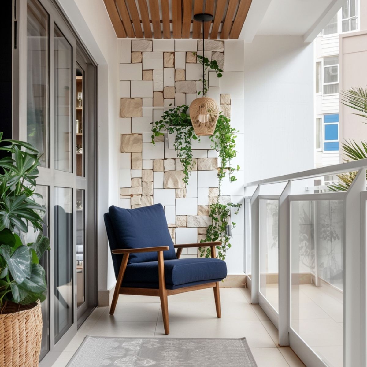 Charming Coastal Balcony Design: Wooden False Ceiling, Accent Chair and ...