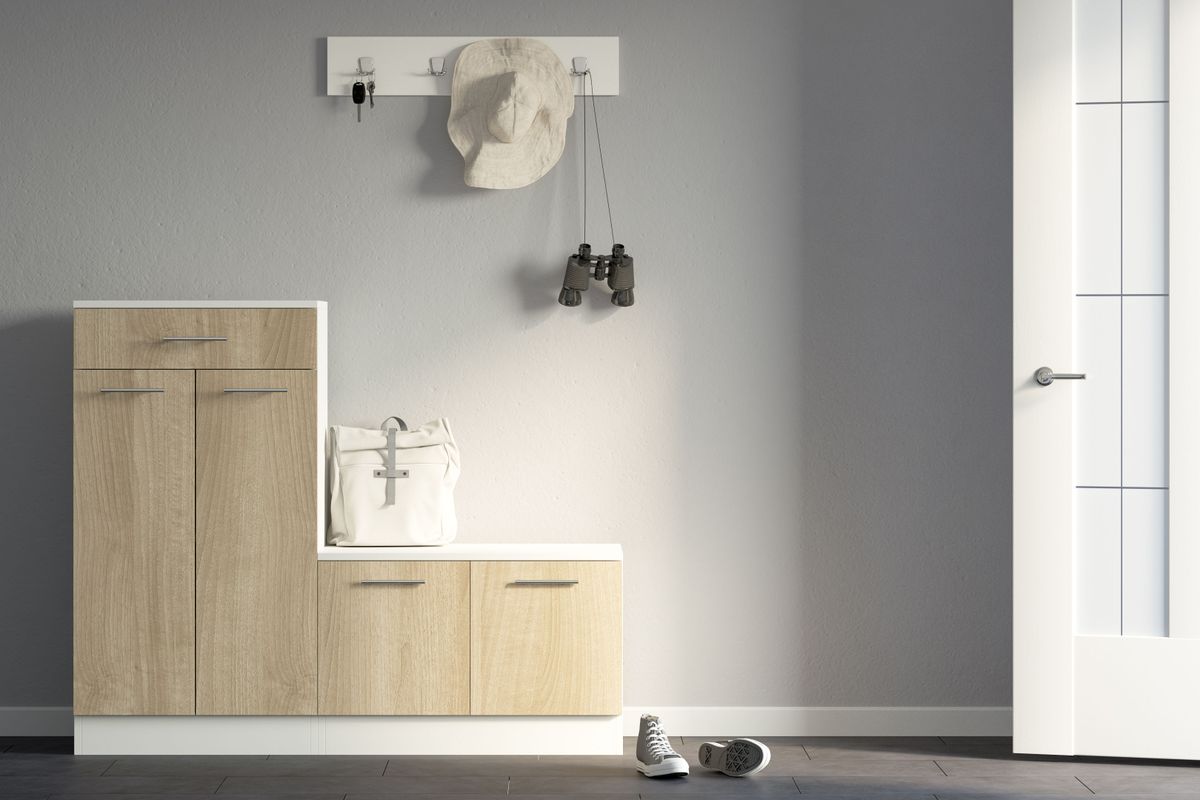 Functional Contemporary Foyer Design with Seating Area and Shoe Storage ...