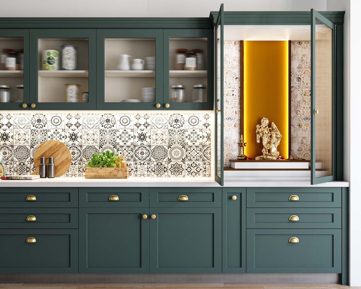 Floor Mounted Modern Pooja Unit Design with Wall Paneling, Wallpaper ...