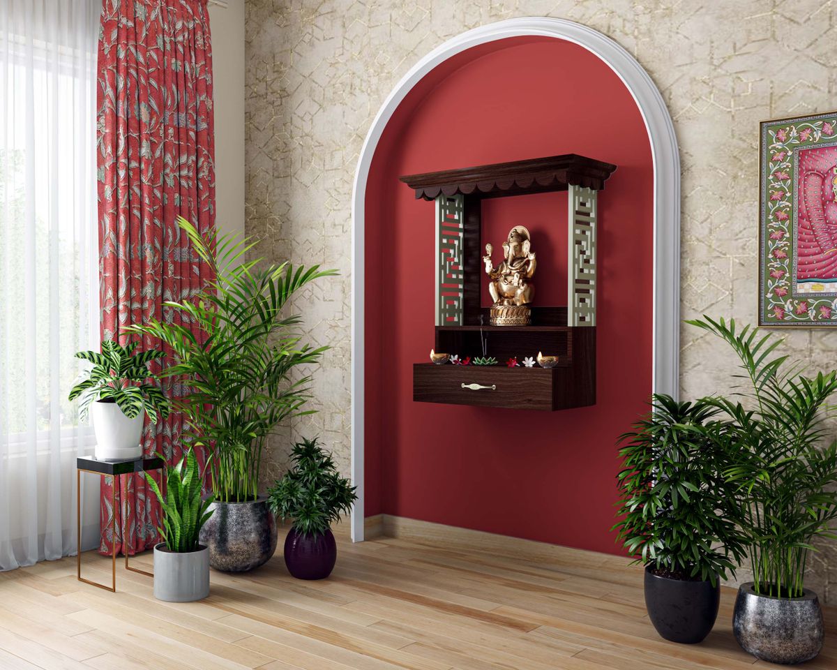 Compact Indian Traditional Pooja Unit Design with Drawer and Semi ...