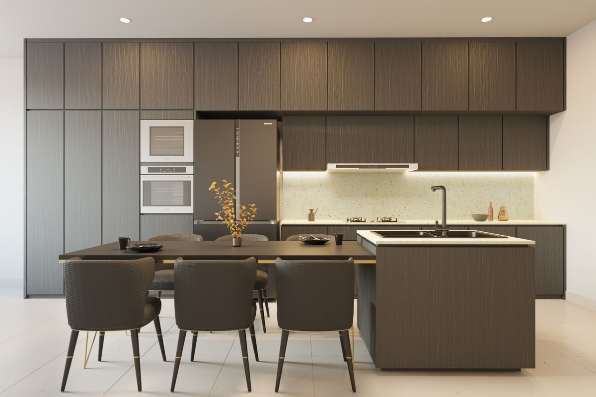 Contemporary Island Kitchen Design with Multifunctional Dining Table ...