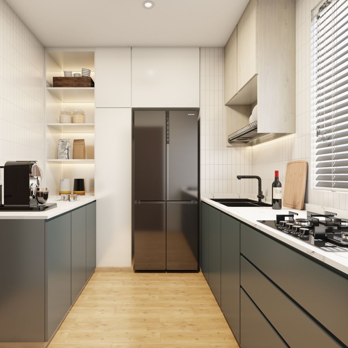 Modern Parallel Kitchen Design with Grey and White Units and Quartz ...