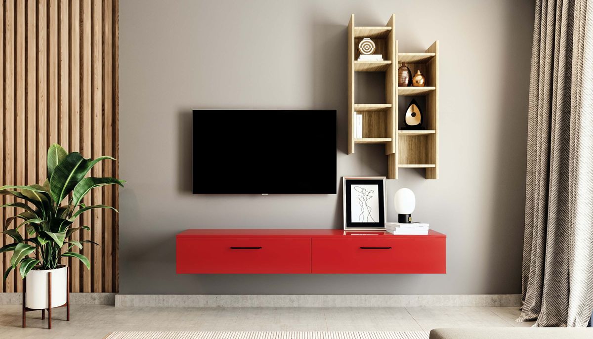 Wall-Mounted Modern Red TV Unit Design with Ladder Display and Textured ...