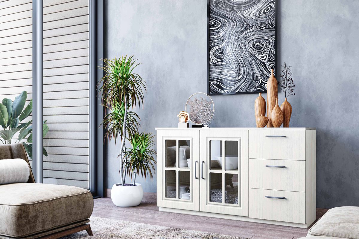 Off White Mid Century Modern Crockery Unit Design with Glass Shutters ...