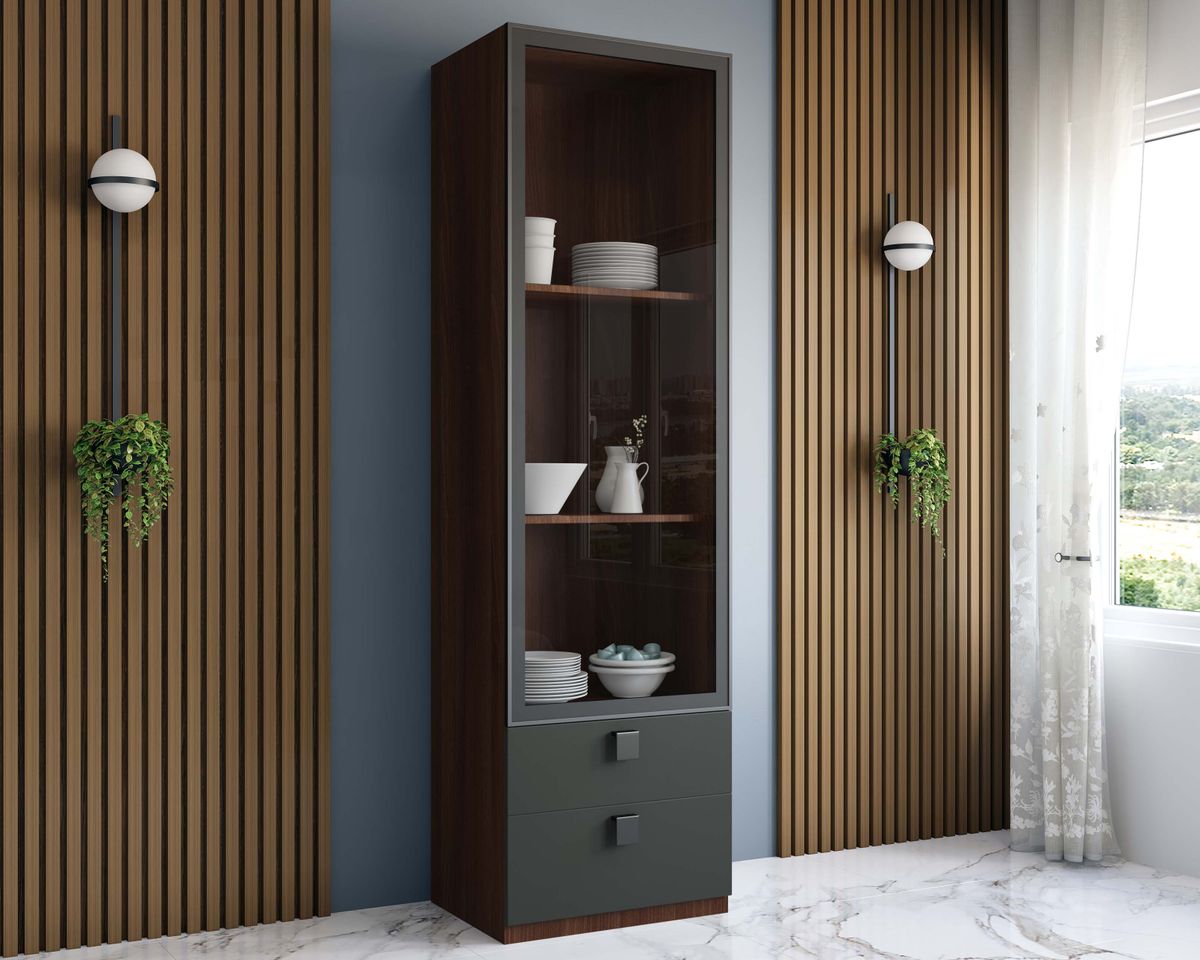 Grey Crockery Unit Design with Tall Unit and Glass Unit in Mid-Century ...