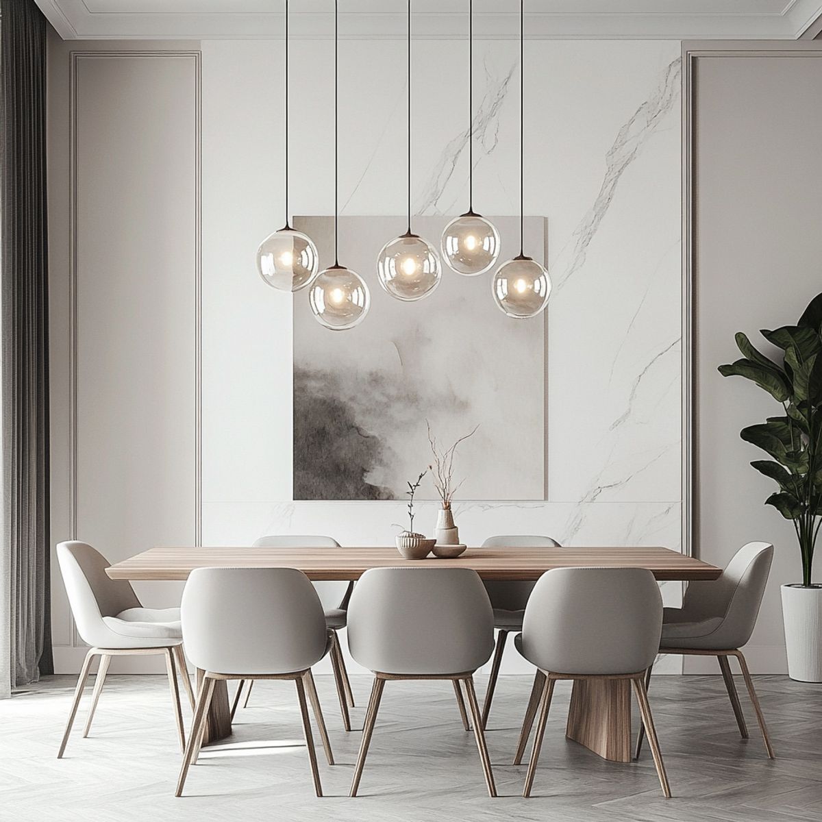 Spacious Modern Dining Room Design with 8-Seater Table and Grey ...