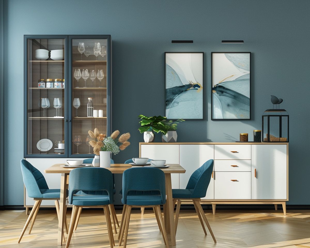 Stylish Modern Dining Room Design: Subtle Theme, Wooden Furniture, Blue ...