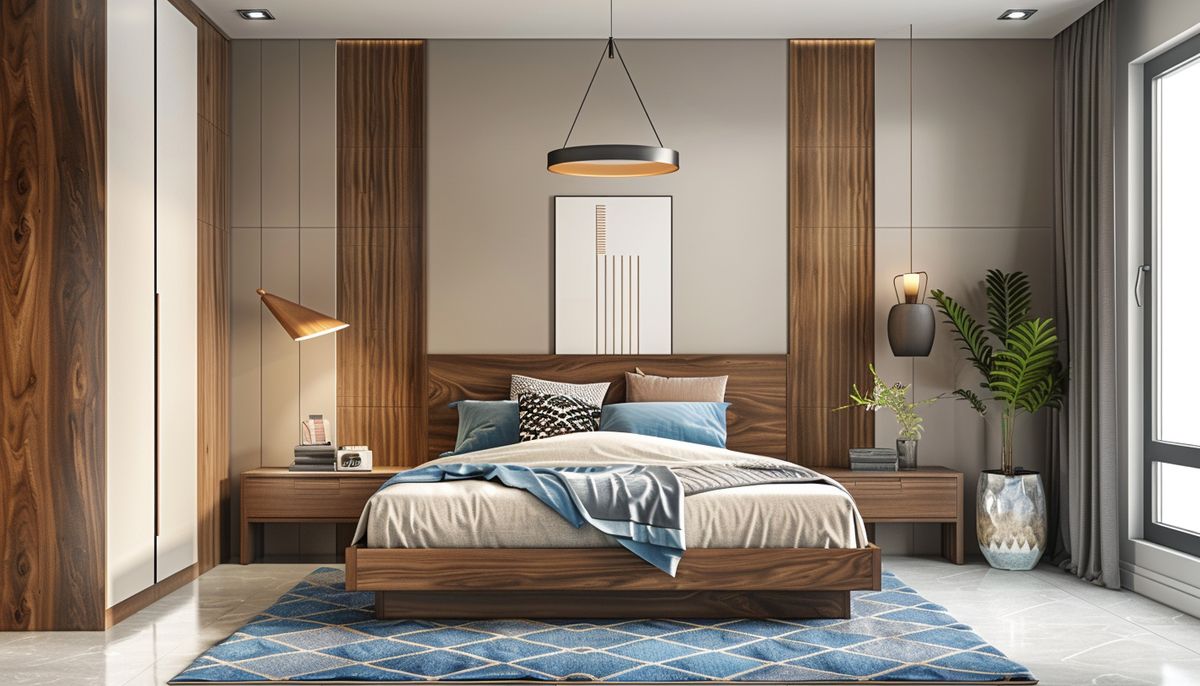 King Bed, Wooden Panels, and Storage: Modern Master Bedroom Design | Livspace