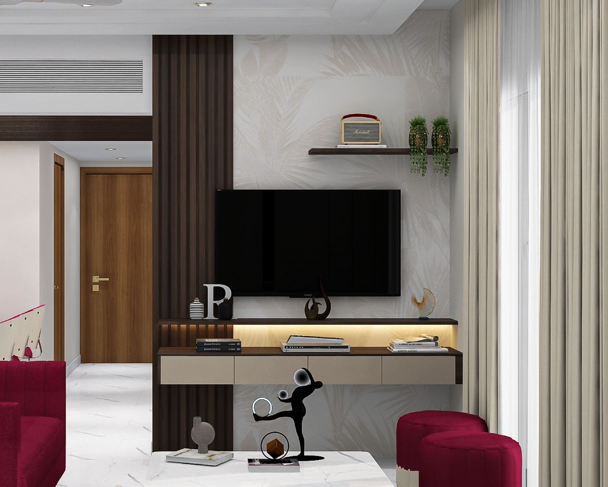 Storage Drawers, Floating Shelf, Wallpaper and Wooden Panels: Modern TV ...