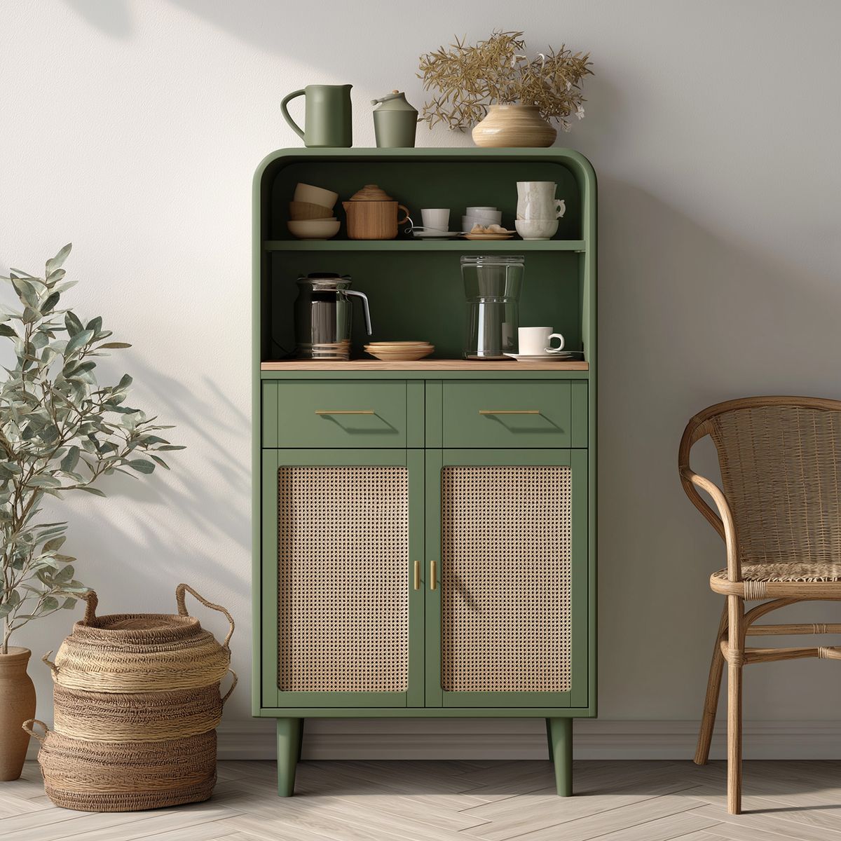 Olive Green Bohemian Crockery Unit Design with Natural Cane Panels ...