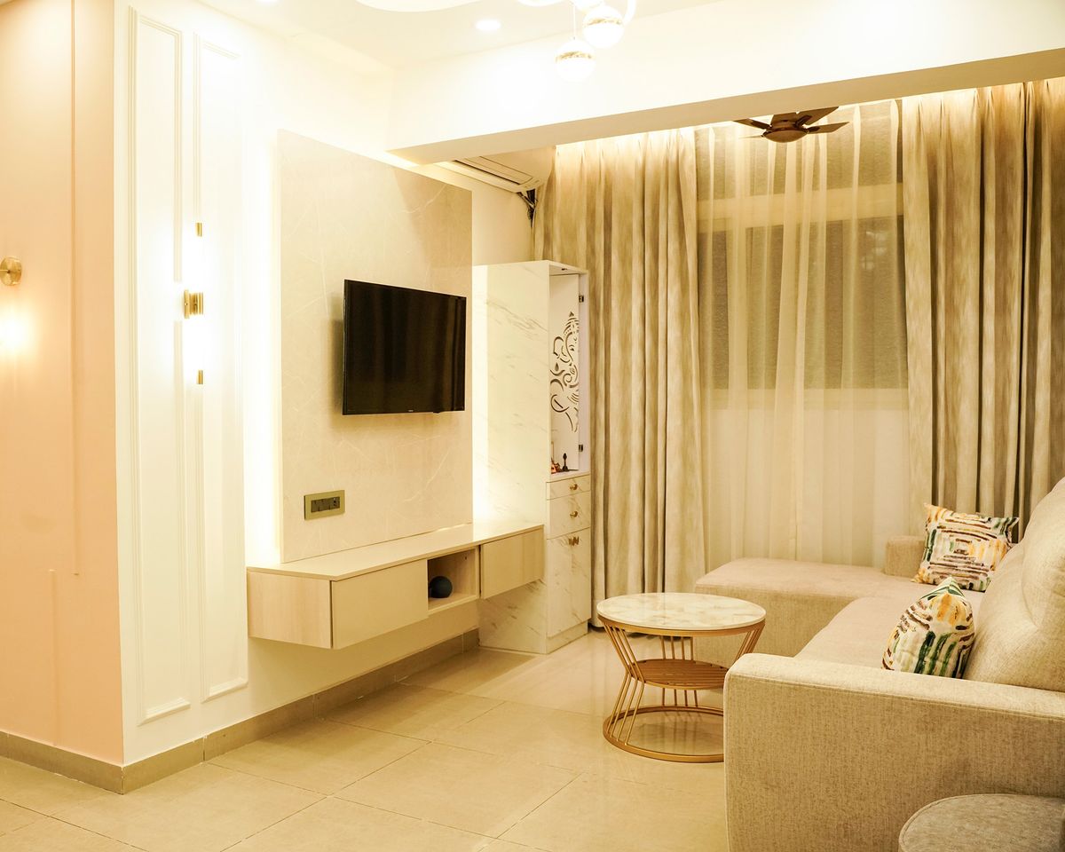 Minimal Beige and Wood Floating TV Unit Design with Concealed Storage ...