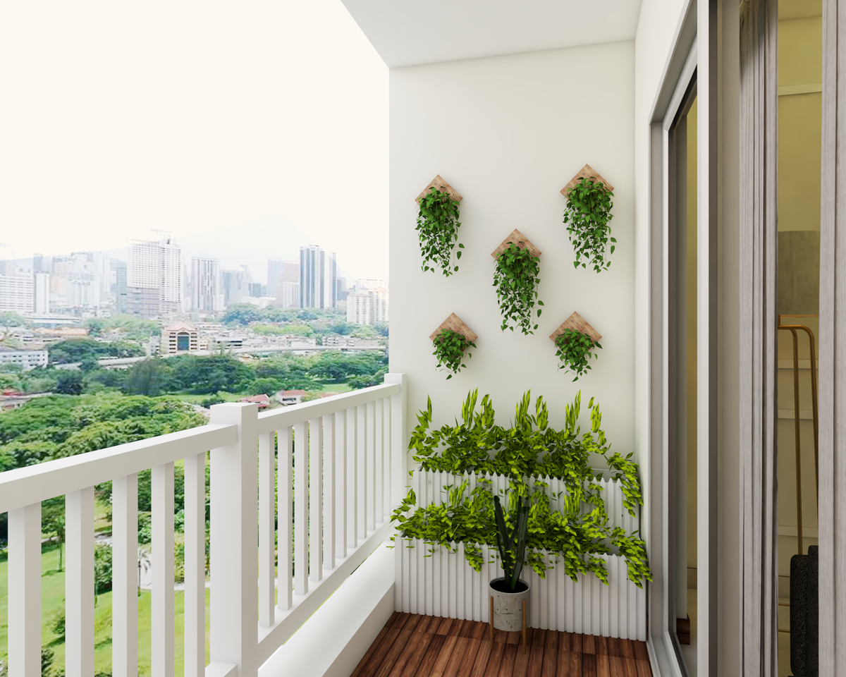 Modern Compact Balcony With White Walls And Wooden Flooring | Livspace
