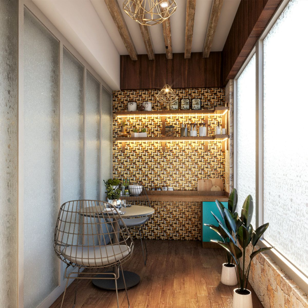 Wooden Flooring and Patterned Wall Modern Compact Balcony Design | Livspace