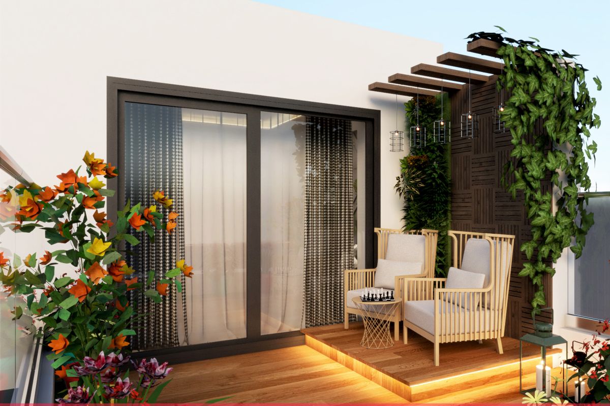 Open Roof Modern Balcony Design Idea with Platform and Plants | Livspace