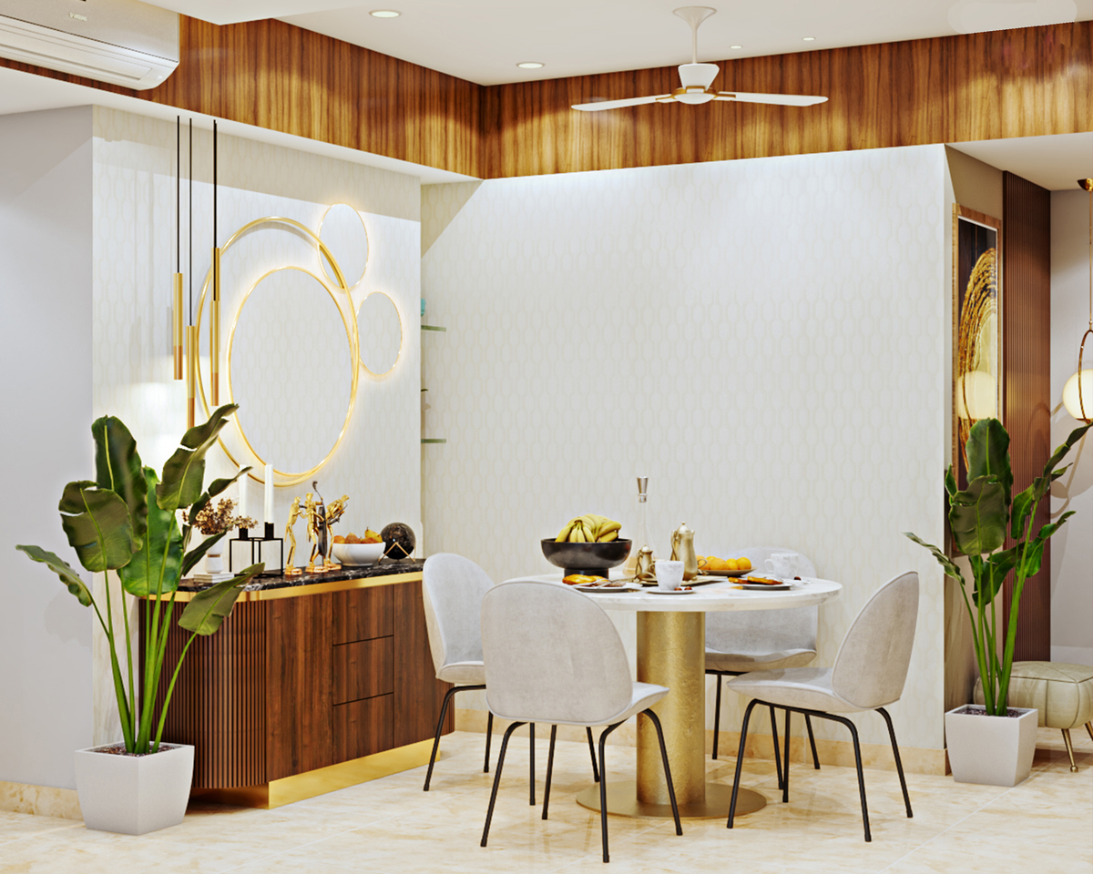 Compact 4-Seater Dining Room with Crockery Unit and Potted Plant | Livspace