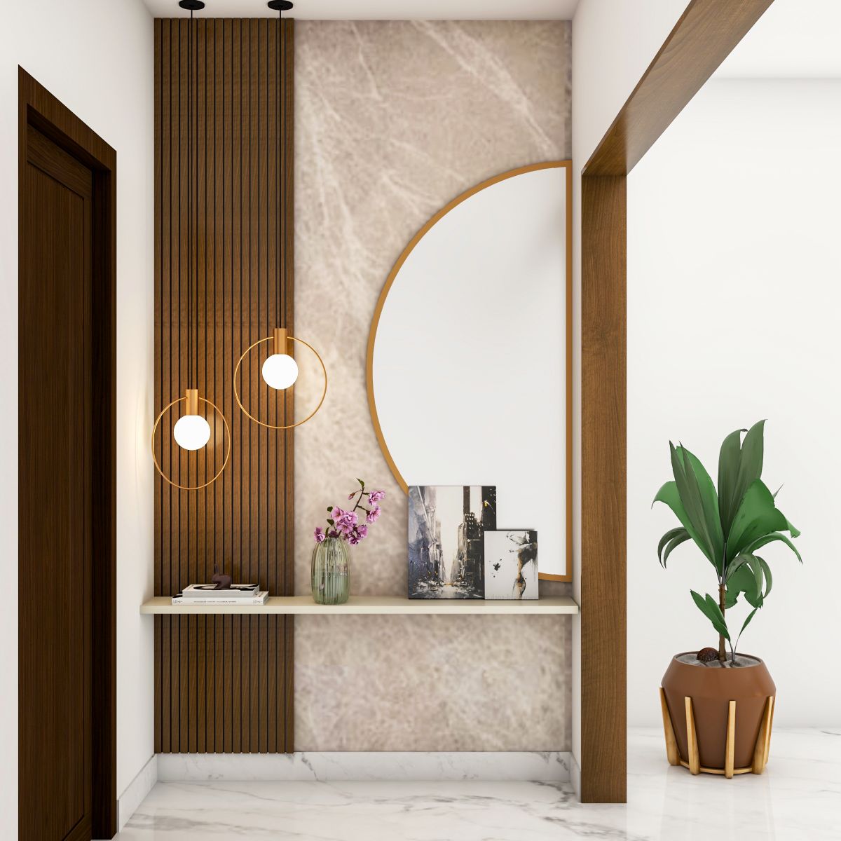 Modern Foyer Design with Large Half Mirror and Hanging Lights | Livspace