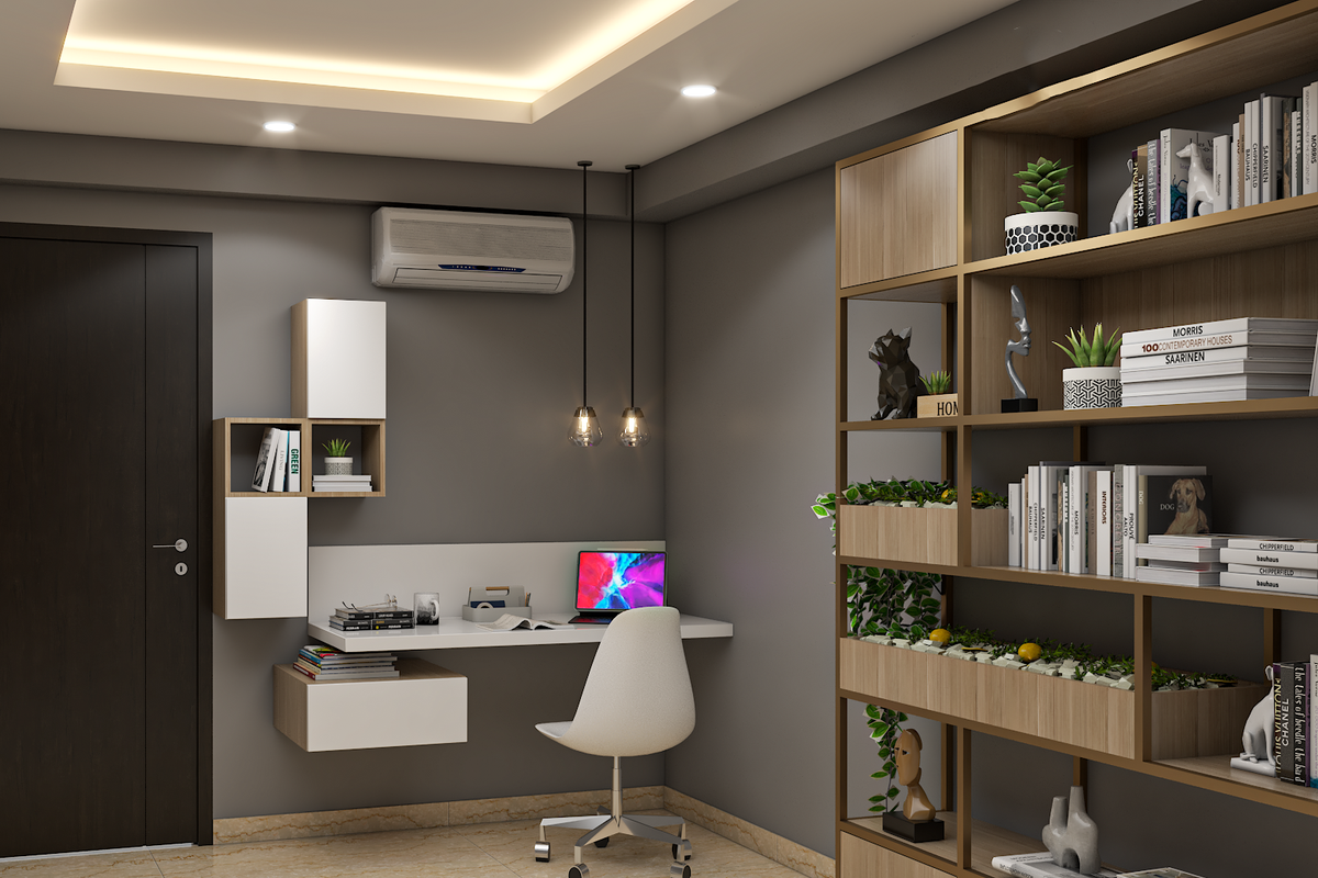 Modern Study Room with Cushioned Seater, Book Shelf, and Wall-Mounted ...