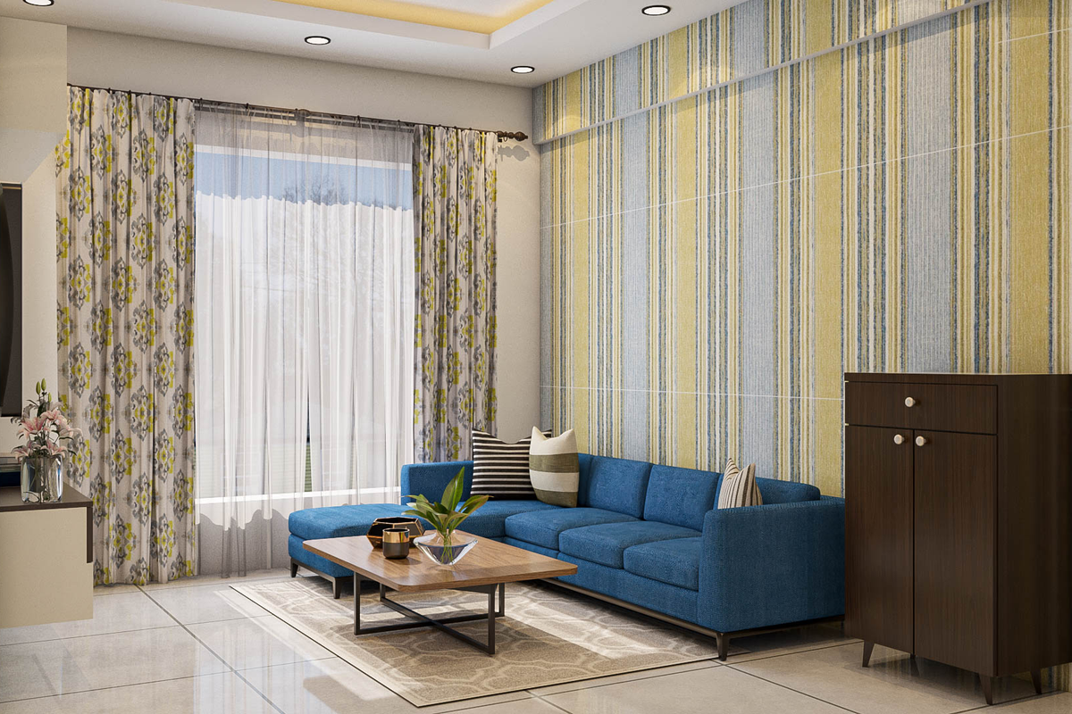 Dark Blue L-Shaped Sofa Compact Living Room Design with TV | Livspace