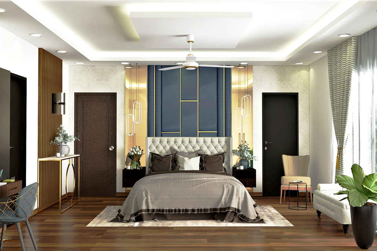 Spacious Brown and Grey Master Bedroom Design With Accent Wall | Livspace