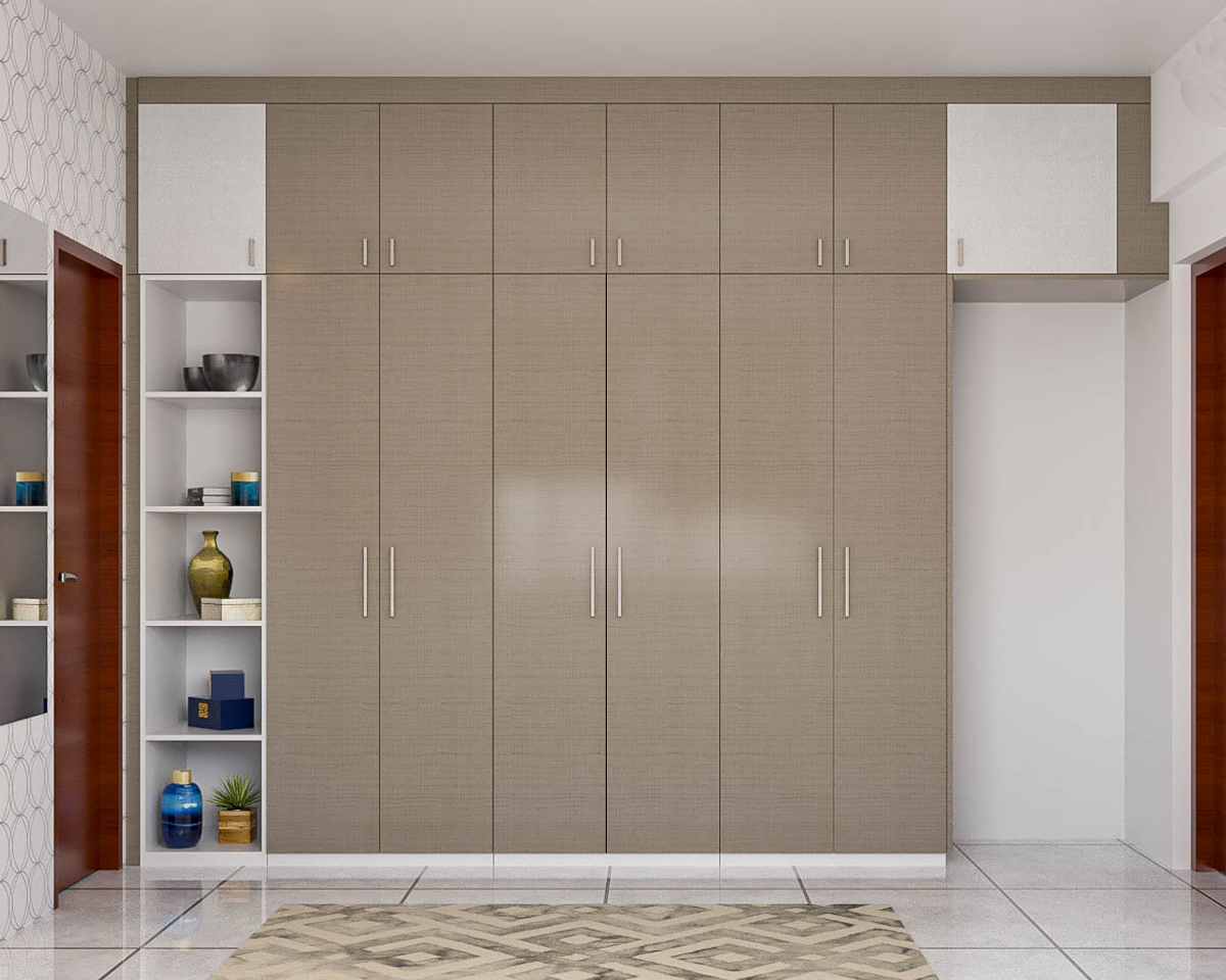 Modular Wardrobe With Light Brown Laminates And Open Hinges | Livspace