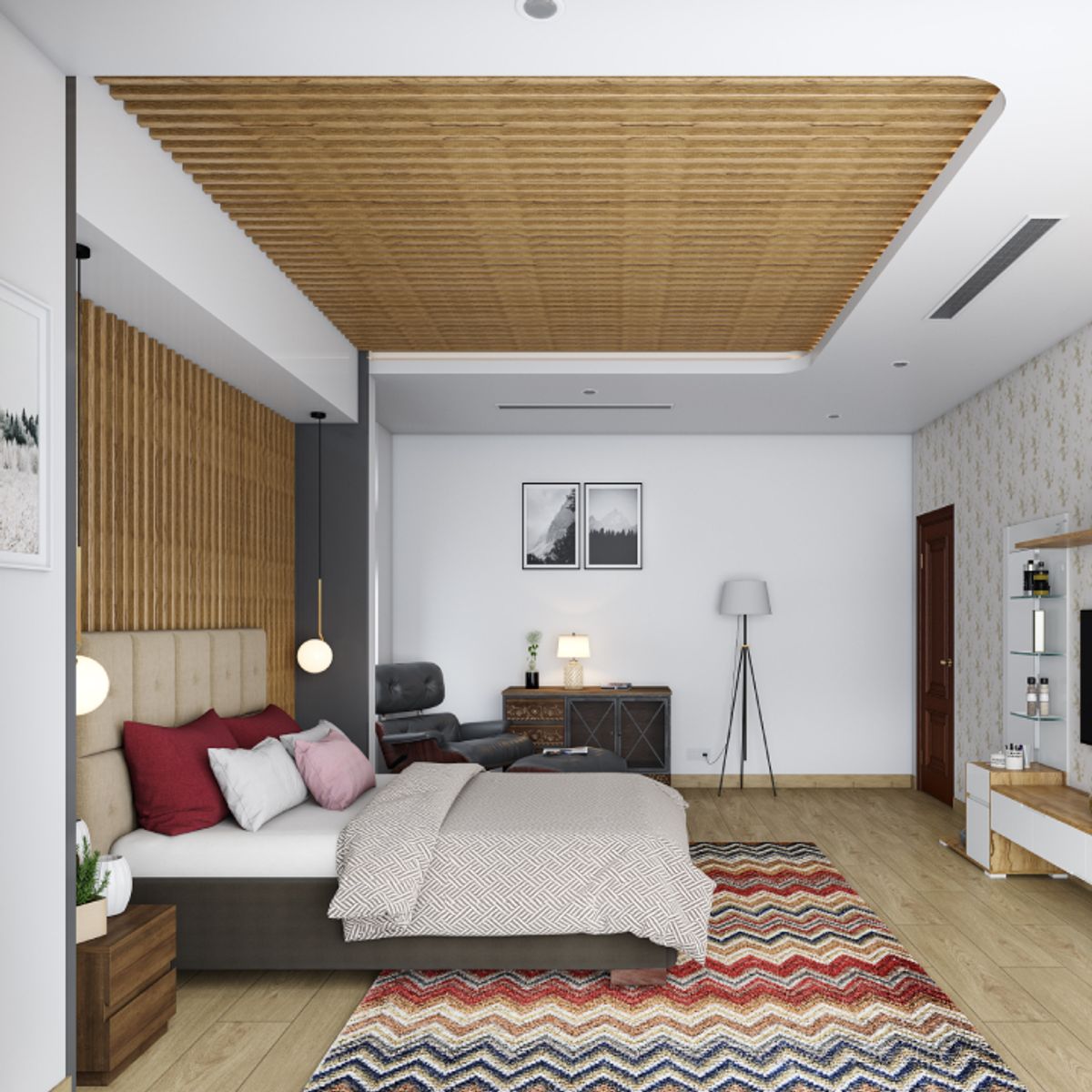 Rectangular False Ceiling With Recessed And Pendant Lights | Livspace