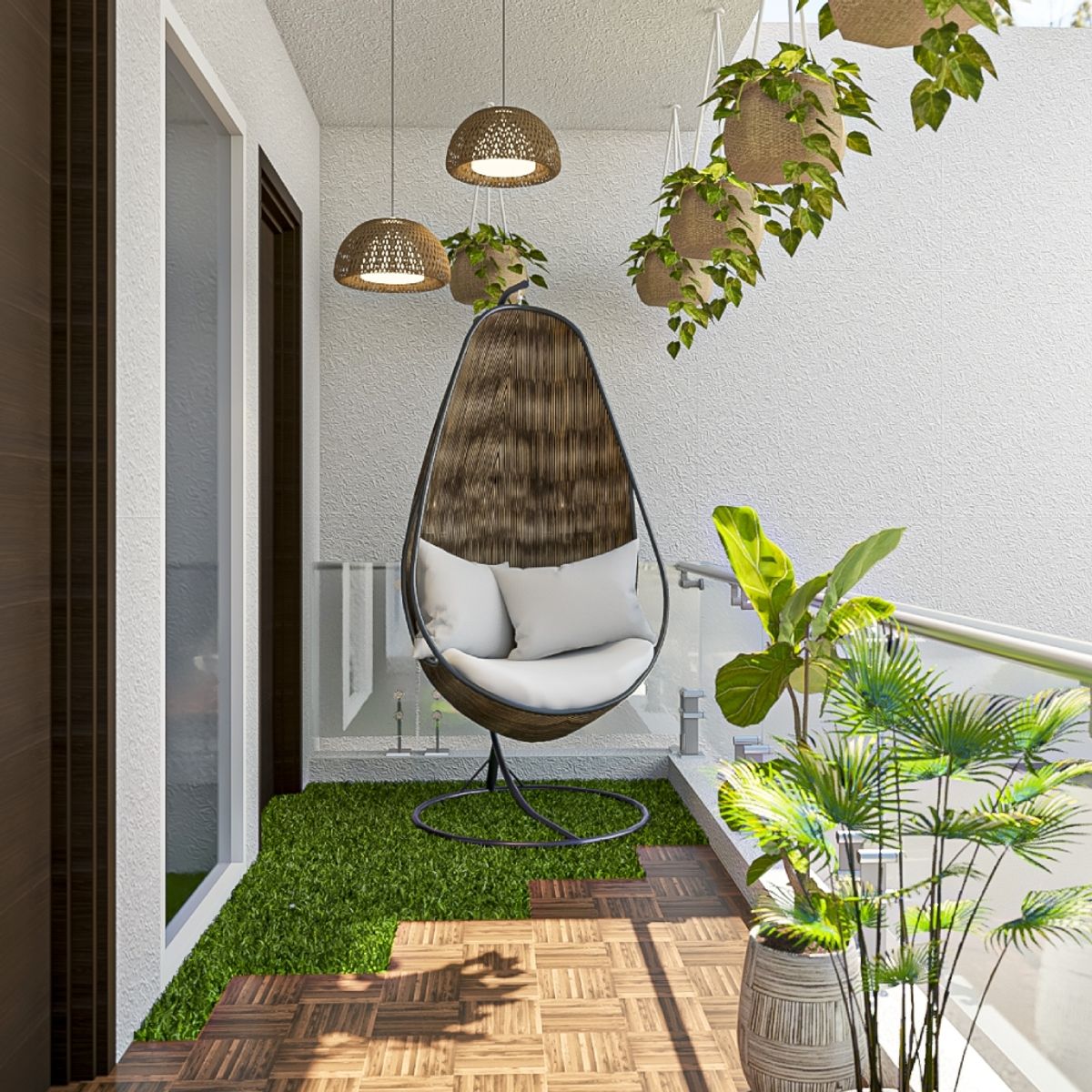 Tropical Balcony Design With Dual Green-Grass Mat And Wooden Flooring ...