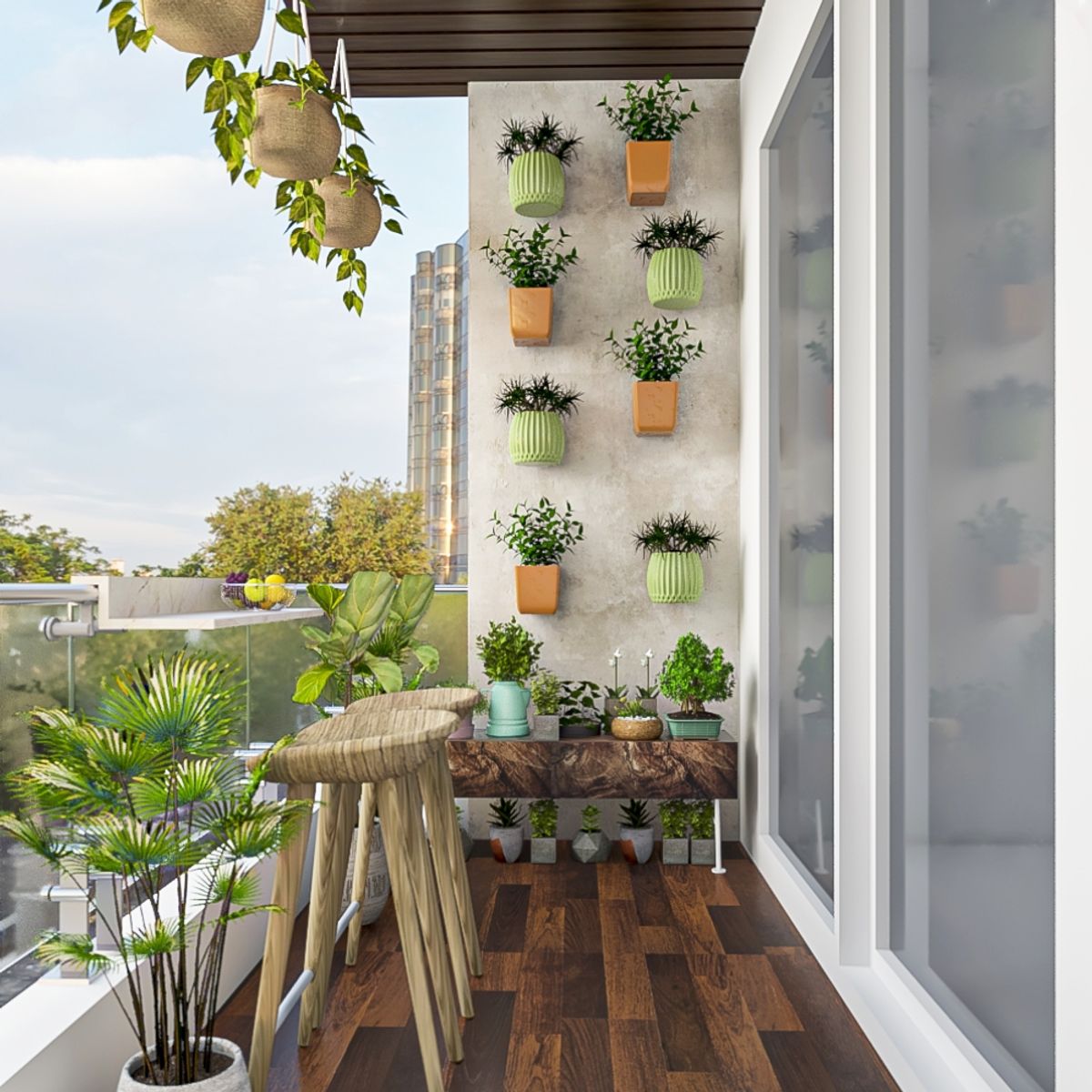 Beige And Wood Compact Balcony Design With Potted Plants Accent Wall ...