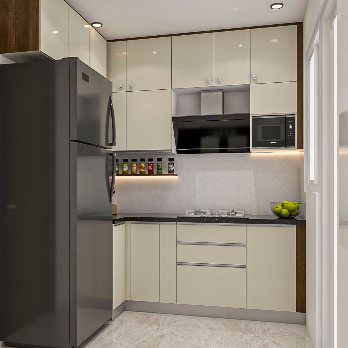 Cream And Wood Glossy L-Shaped Modular Kitchen Design | Livspace