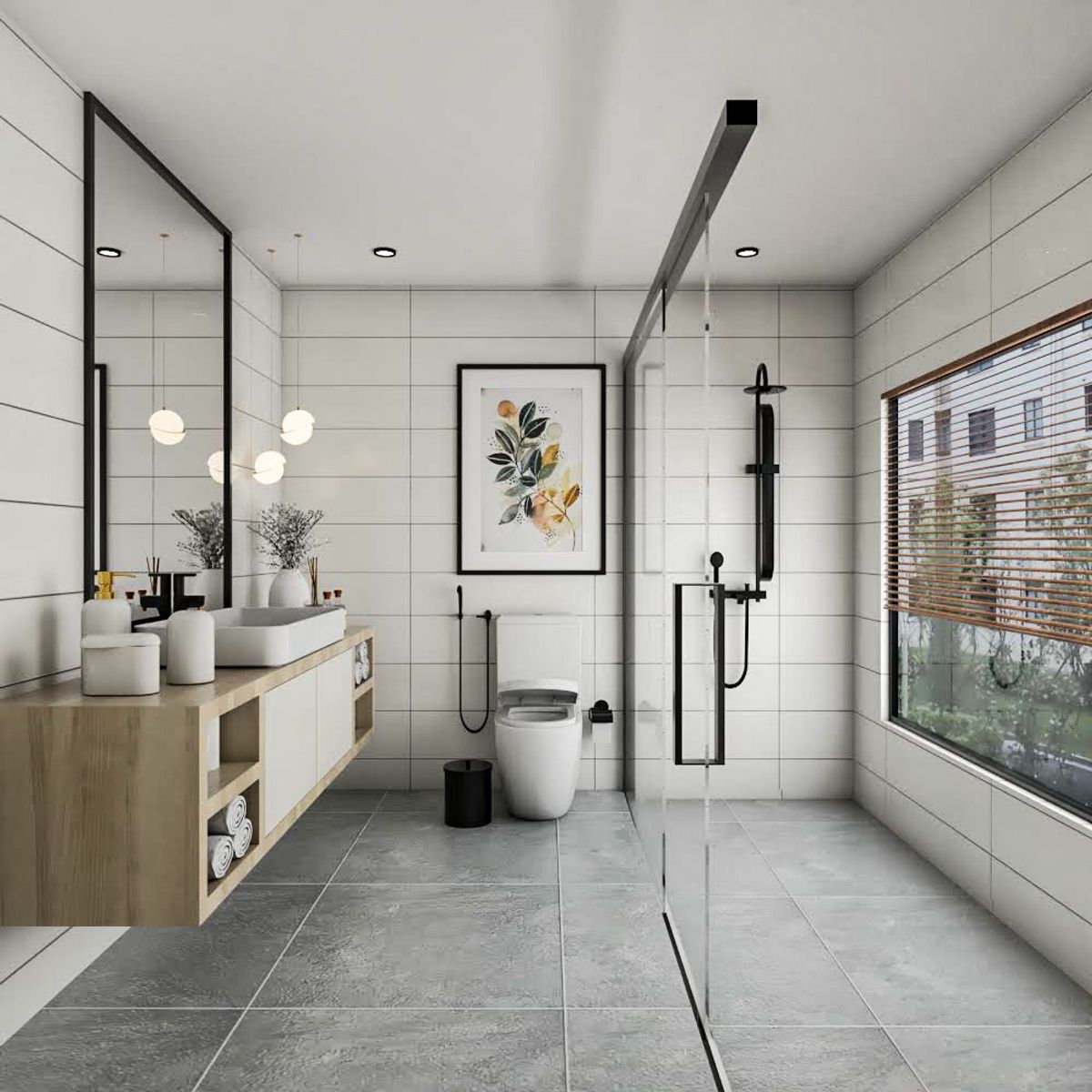 Minimal Bathroom Design with Wall-Mounted Wooden Vanity Unit | Livspace