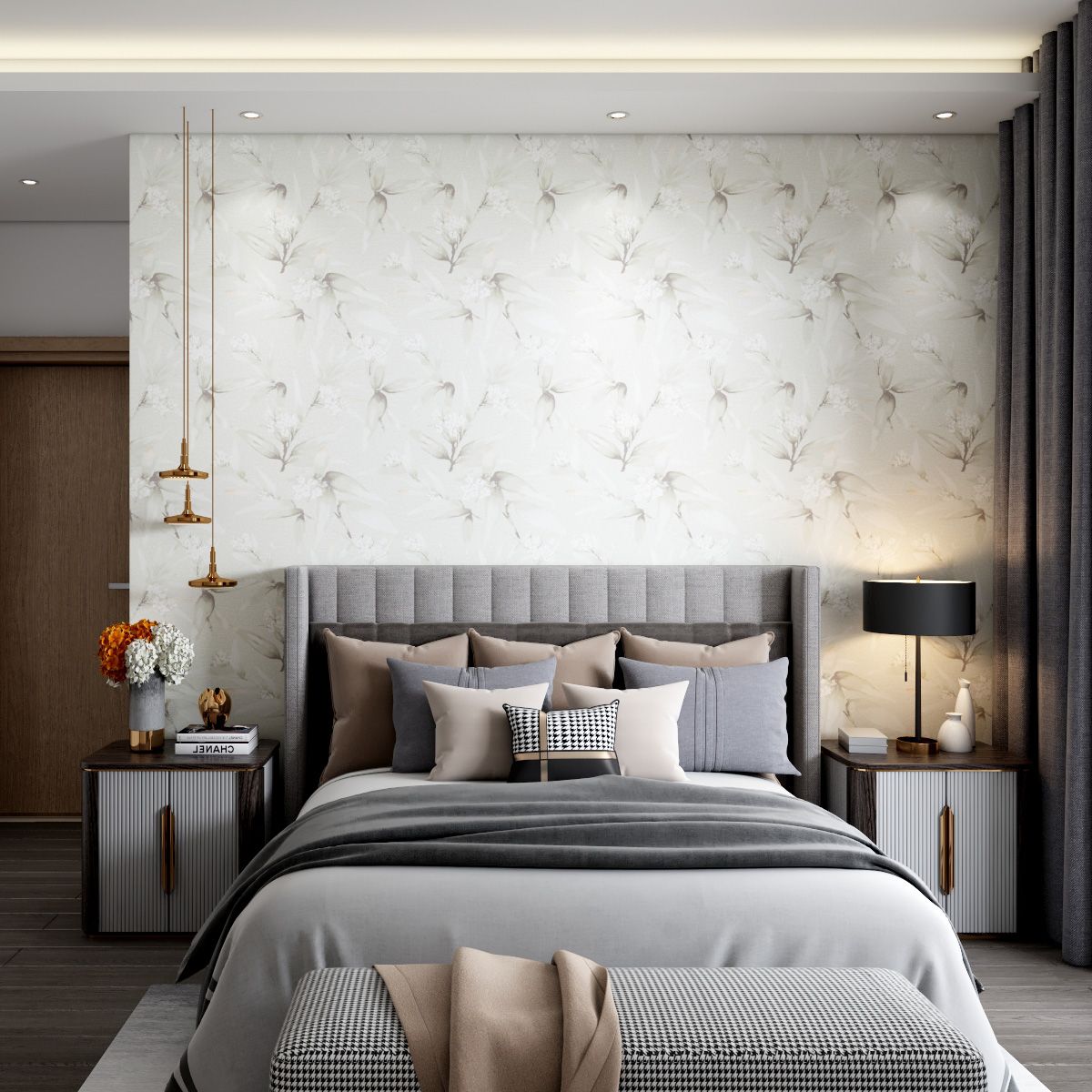 Bedroom Wallpaper Design With White And Grey Floral Motifs | Livspace