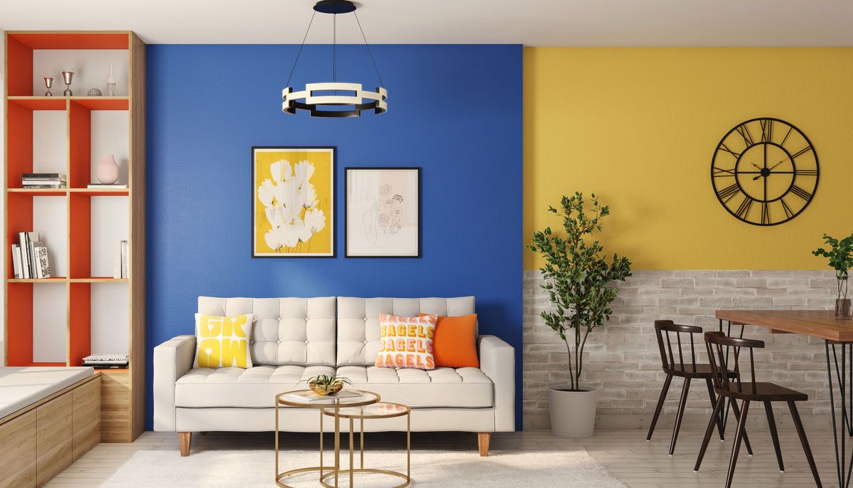 Multicoloured Living Room Wall Paint Design For Living Rooms | Livspace