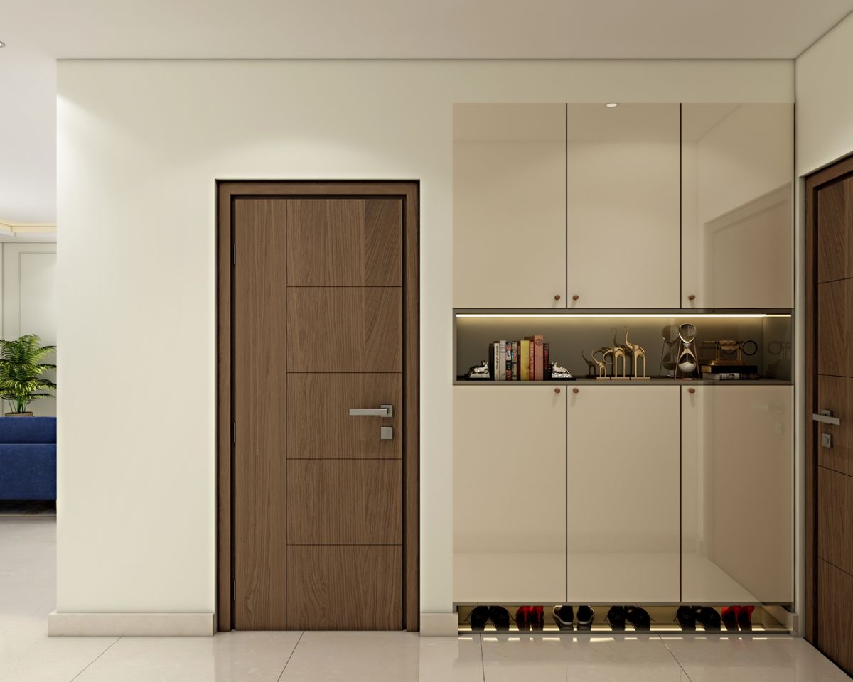 Irish Cream Foyer Design With Tall Glossy Storage Unit | Livspace