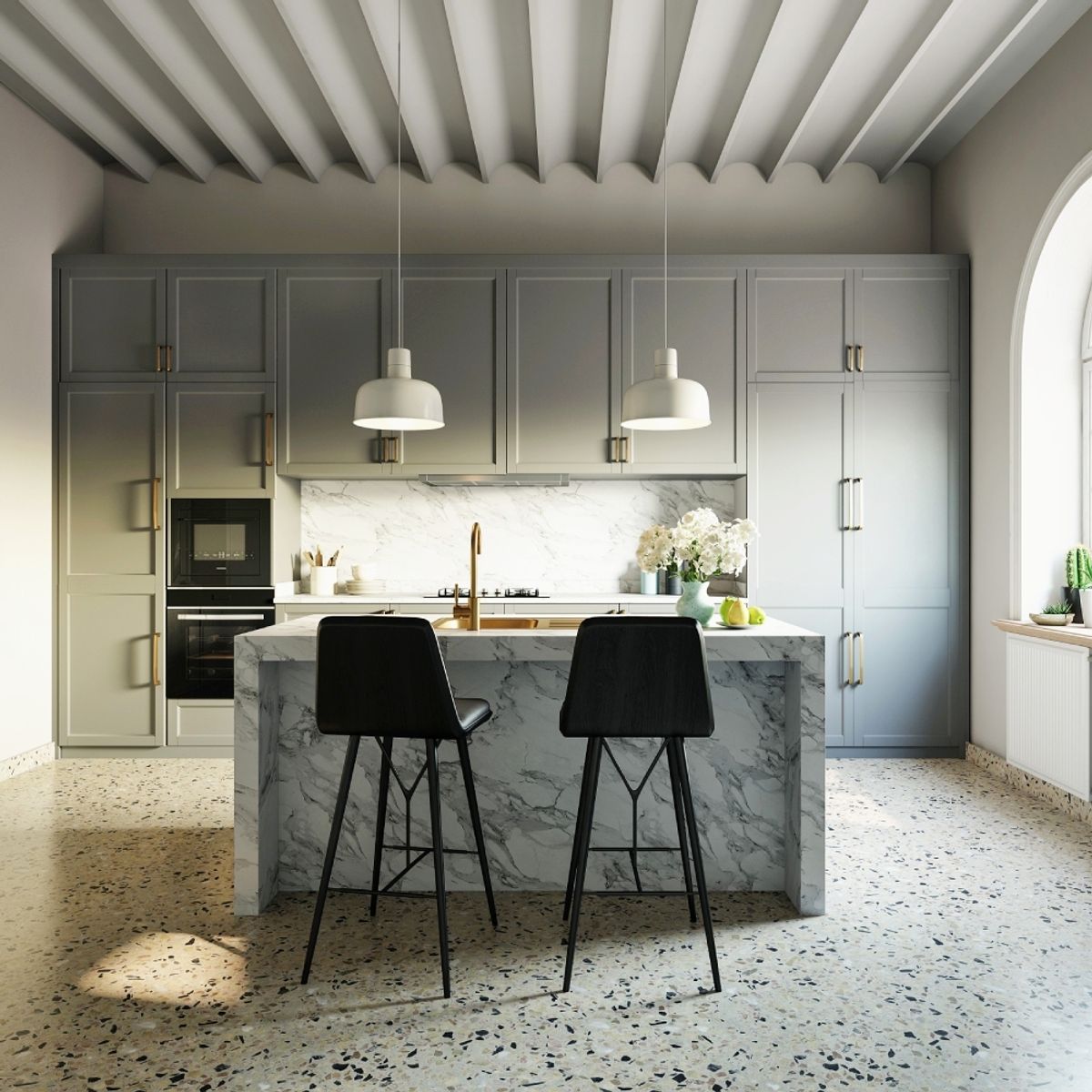 Light Grey Modular Island Kitchen Design In Grey With Multiple Storage ...