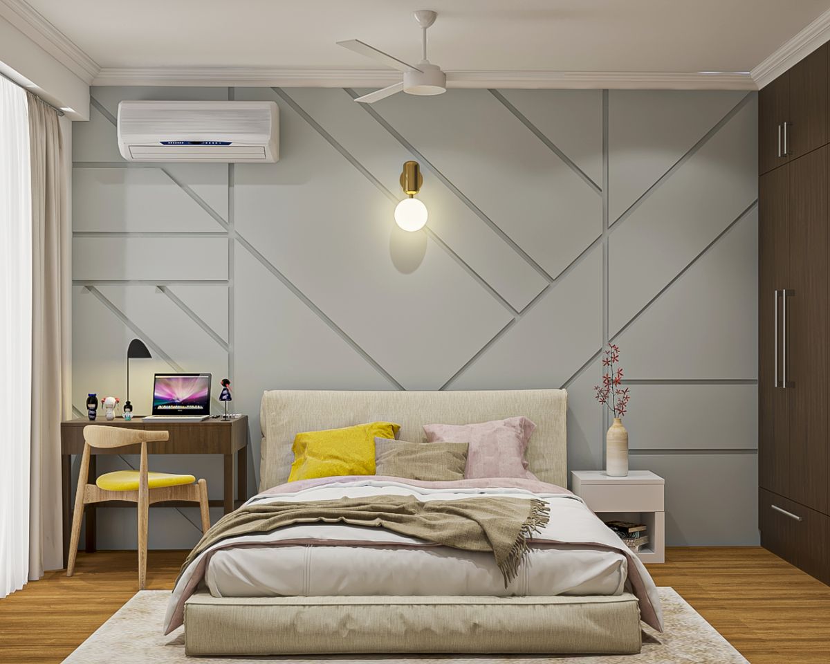 Grey Contemporary Bedroom Wall Design With Wall Panels | Livspace