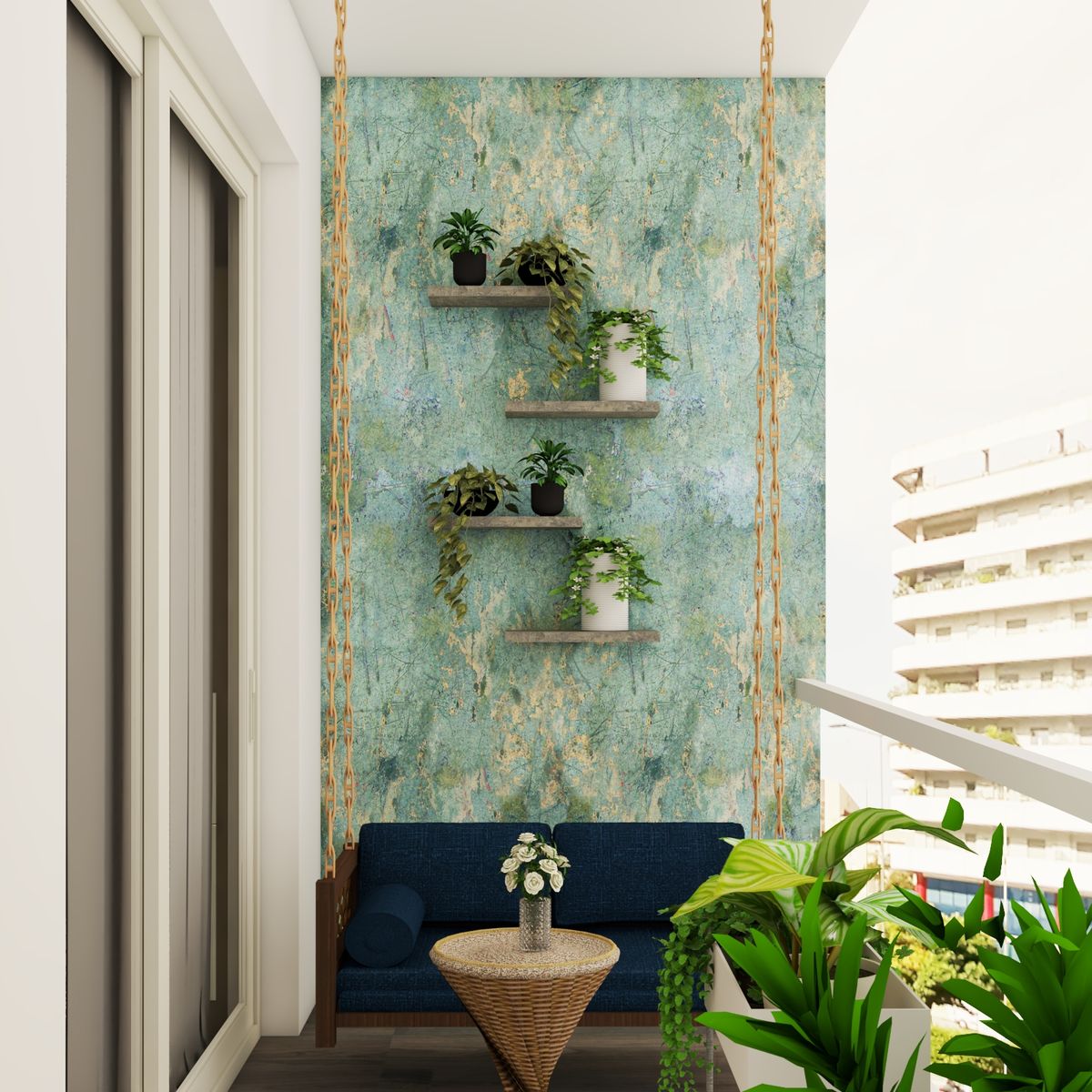 Spacious Balcony Design With Textured Wall Paint And Wooden Flooring ...