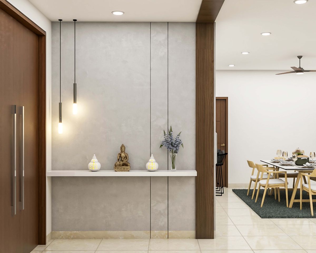 White Foyer Design With Wall Ledges For Storage | Livspace