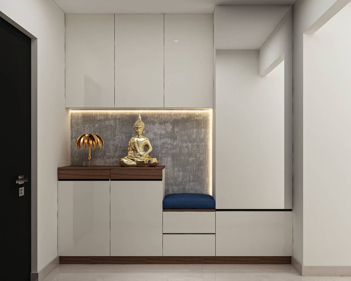 Foyer Design With White Shutter Finish Cabinets And Mirror With Seating ...