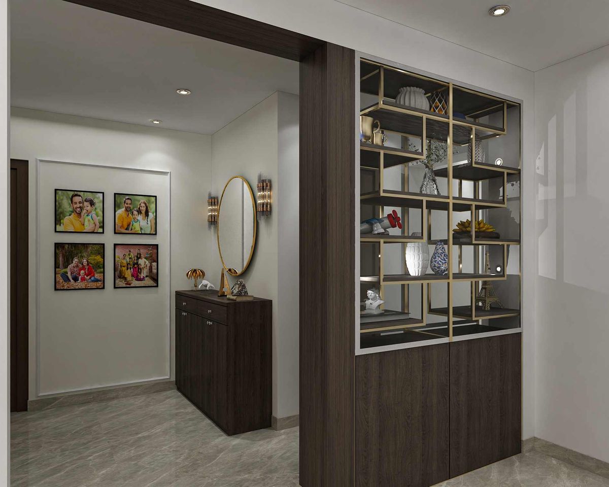 Wooden Foyer Design With A Spacious Storage Unit | Livspace