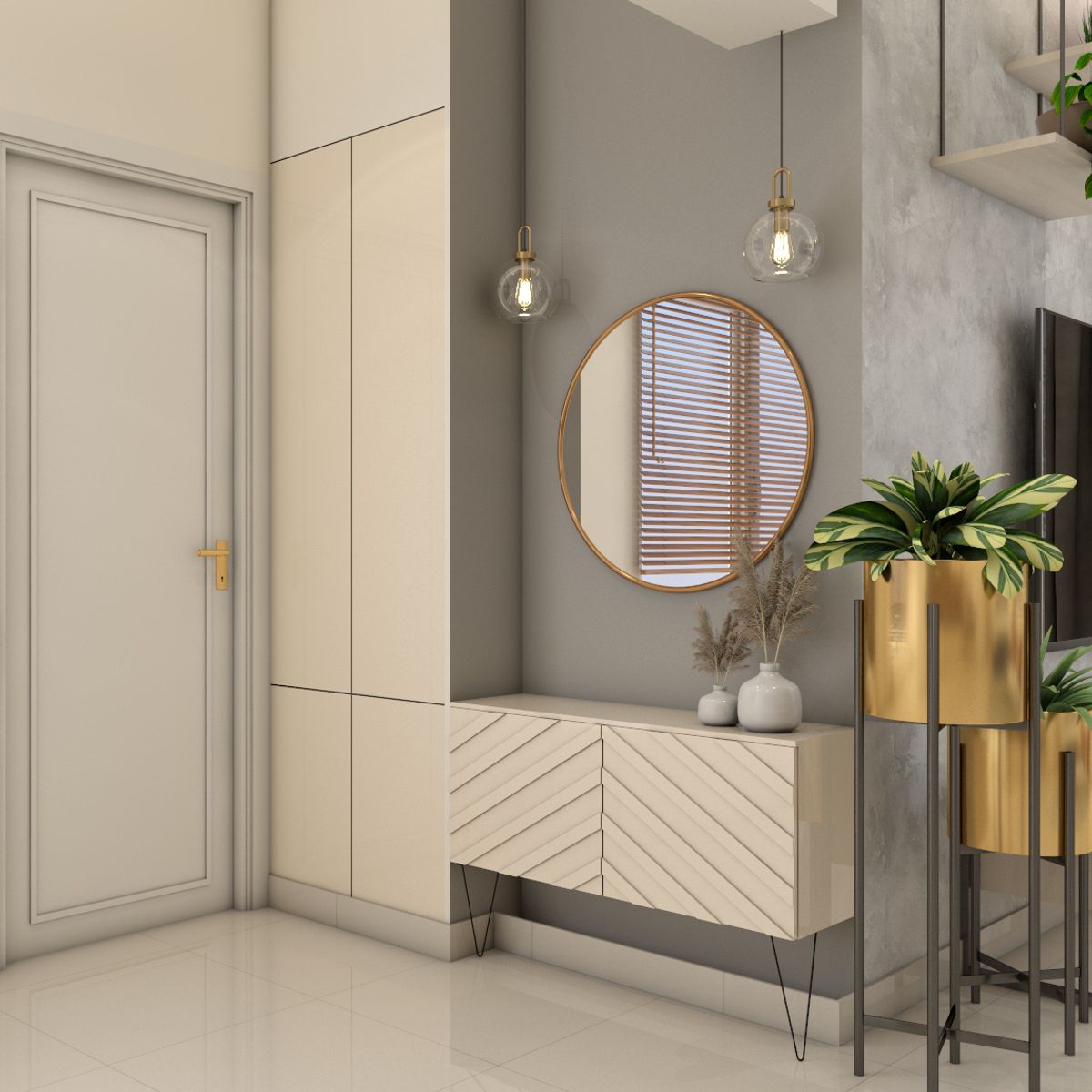 Budget Friendly Foyer Design With Storage And Mirror | Livspace