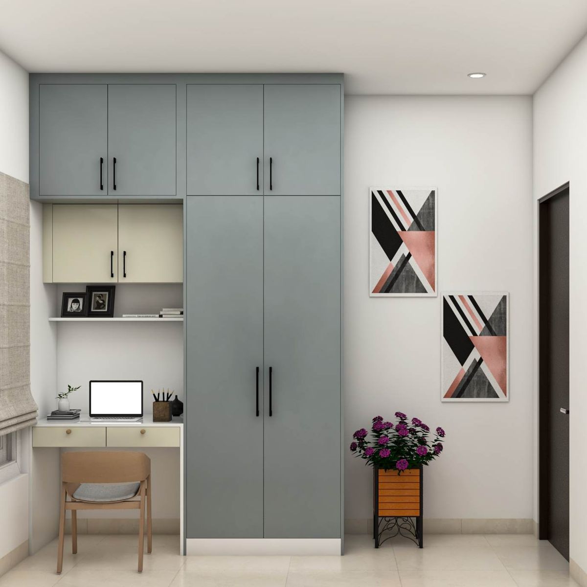 Compact Study Room Design With Grey Wardrobe Design | Livspace