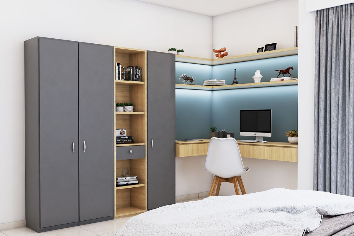 Blue And Grey Study Room Interior Design With Overhead Lighting | Livspace
