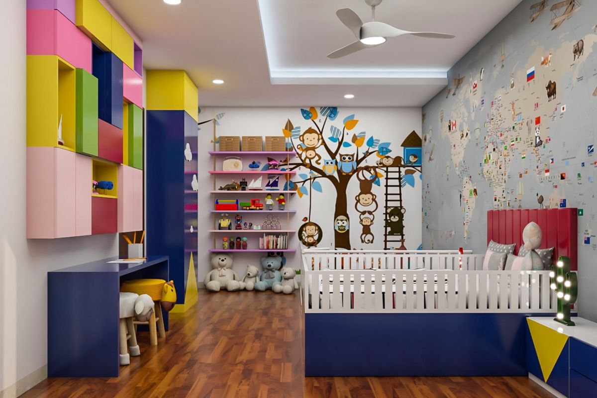 Boys Room Design with World Map Wallpaper | Livspace