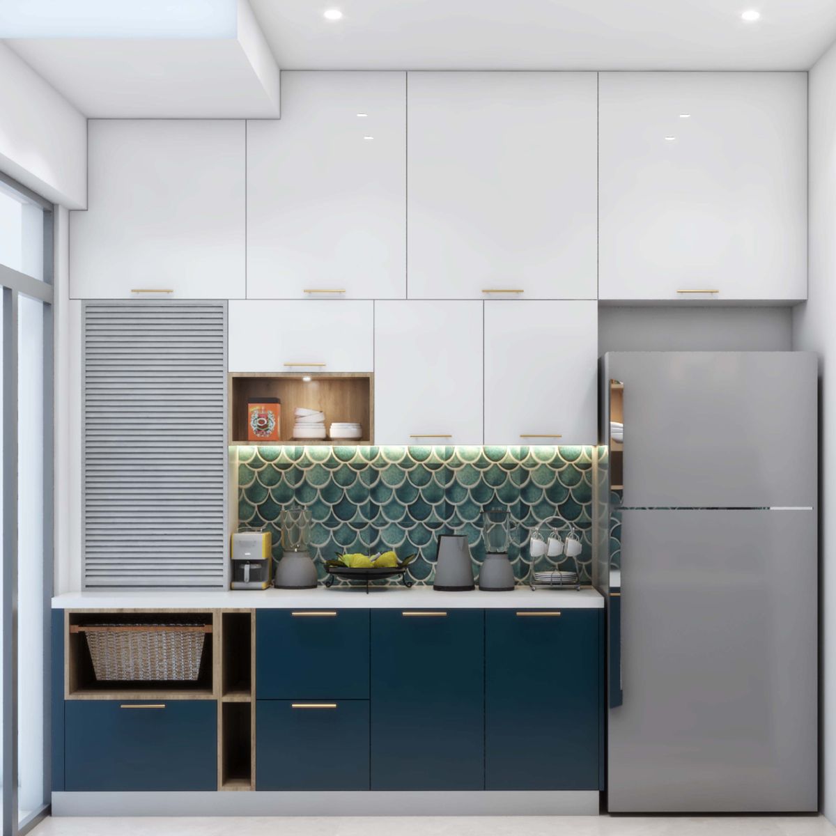 White And Green Kitchen Design With A Quartz Countertop | Livspace