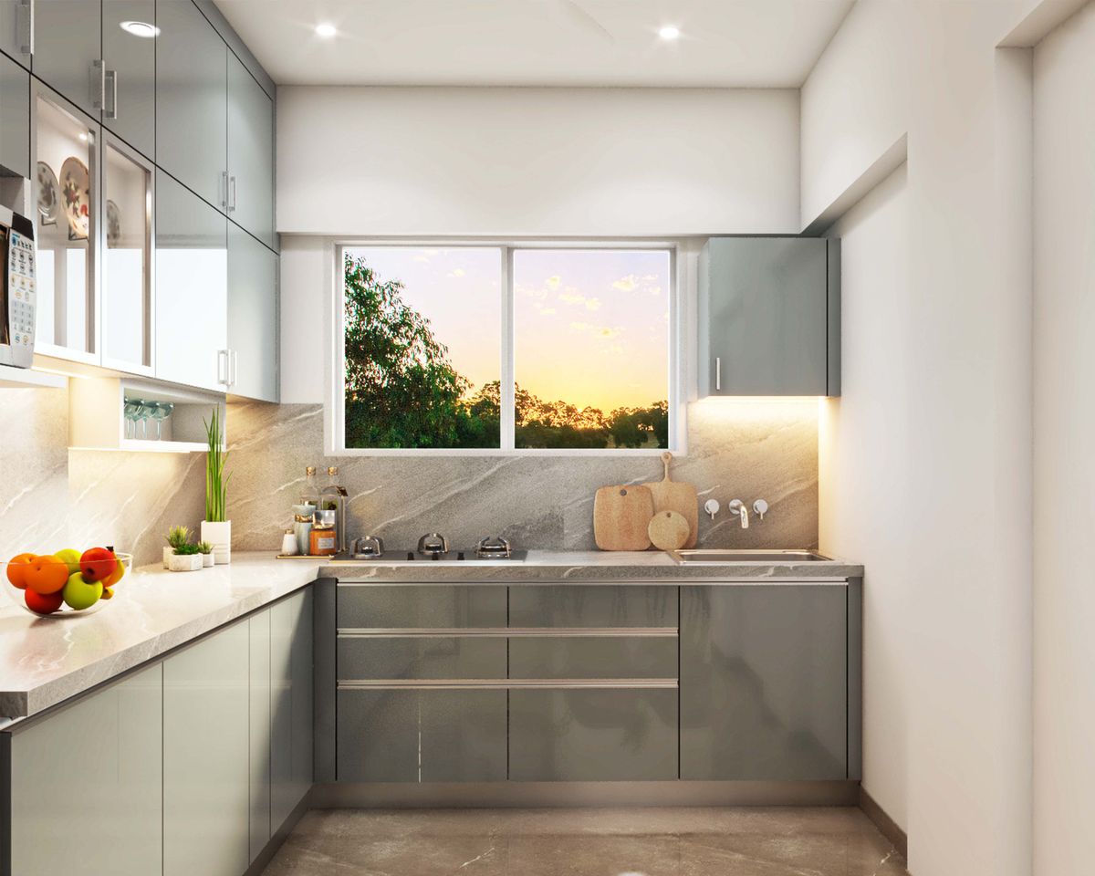 Spacious L-Shaped Modular Metallic Grey Kitchen Design| Livspace