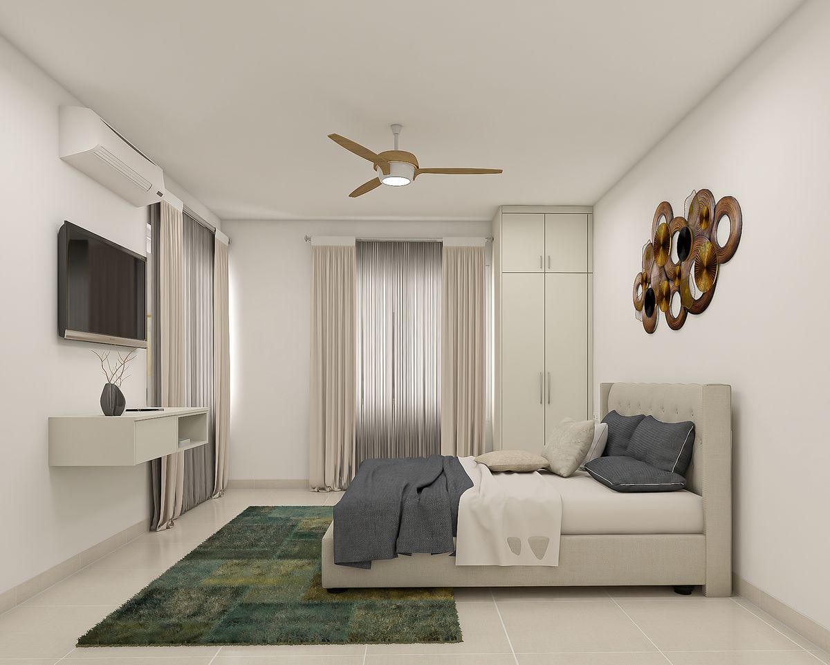 Neutral-Toned Guest Bedroom With A TV Unit | Livspace