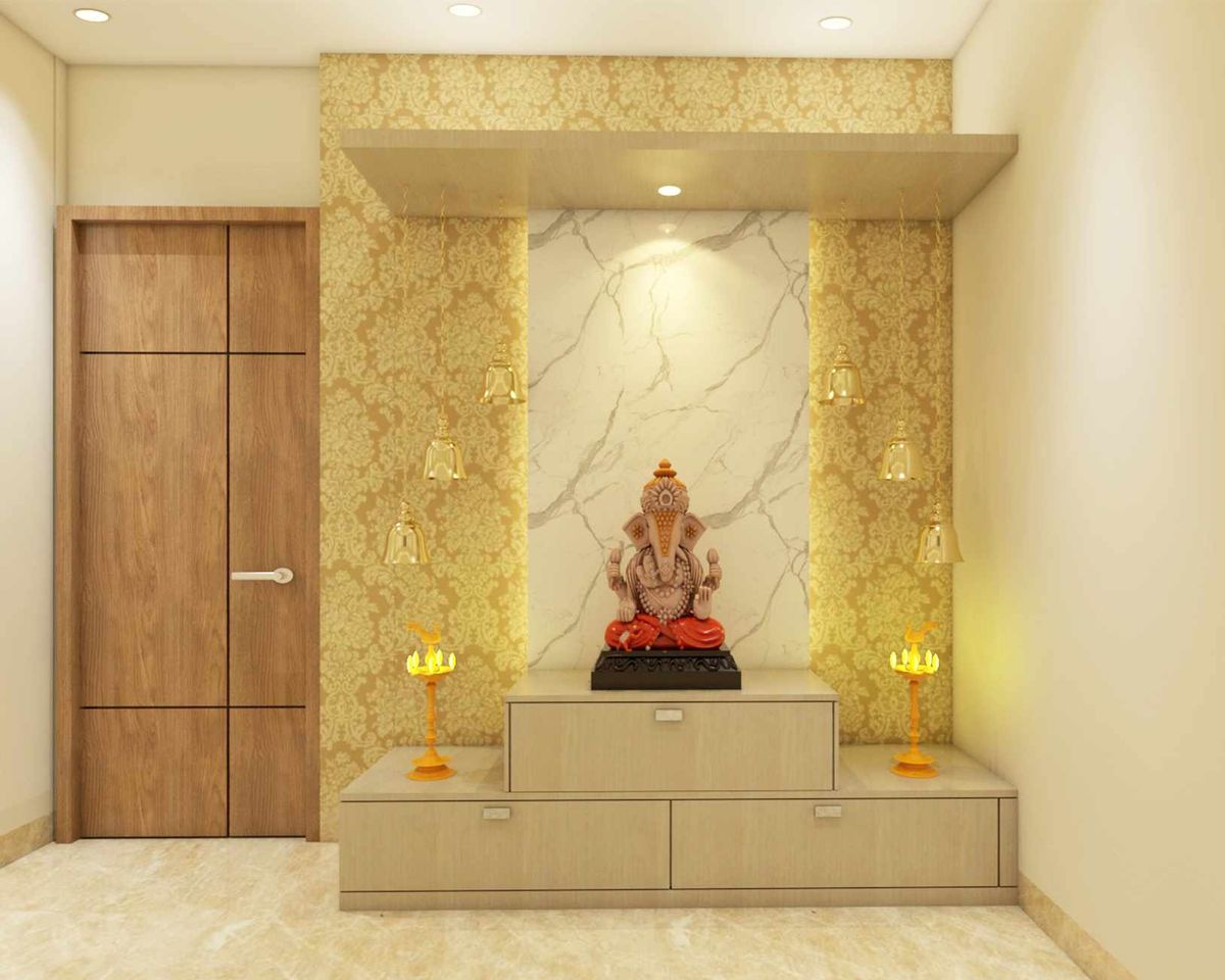 Modern Mandir Design With Hues Of Mustard Yellow And Marble Panel ...