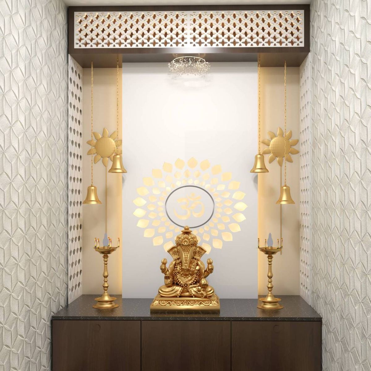 Spacious Mandir Design With Wooden Grain Laminate | Livspace