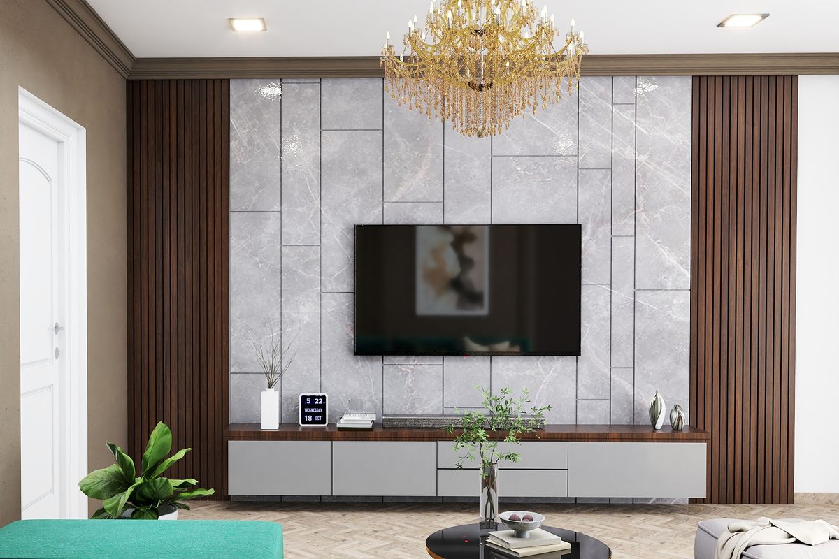 Compact TV Unit Design With Grey Stone Panel | Livspace