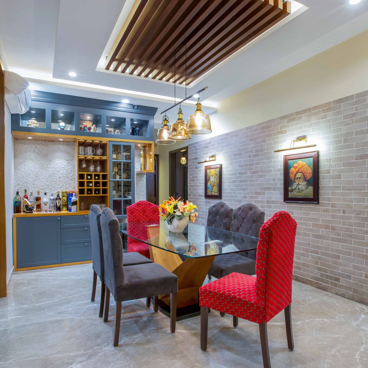 3-BHK Flat In Noida With Bright Blue L Shaped Living Room And Gold ...