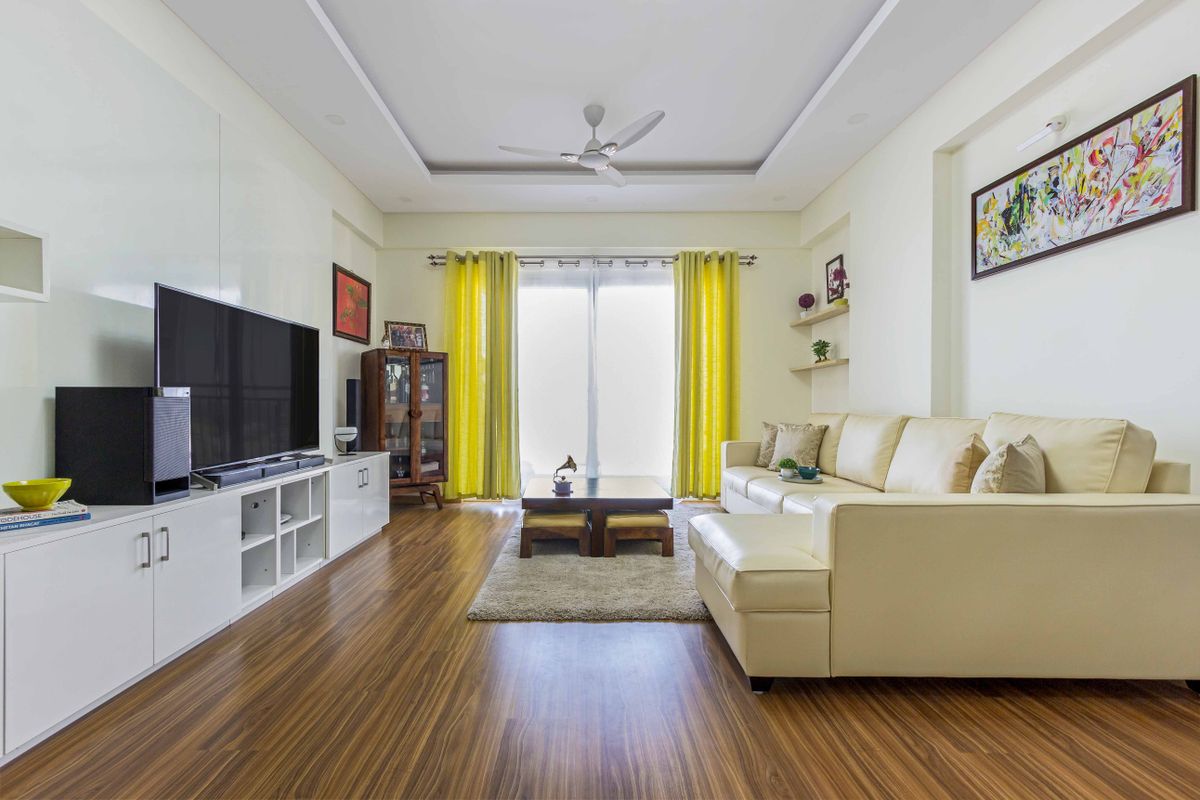 3-BHK Flat In Bangalore With Dark Grey And White U Shaped Kitchen | Livspace